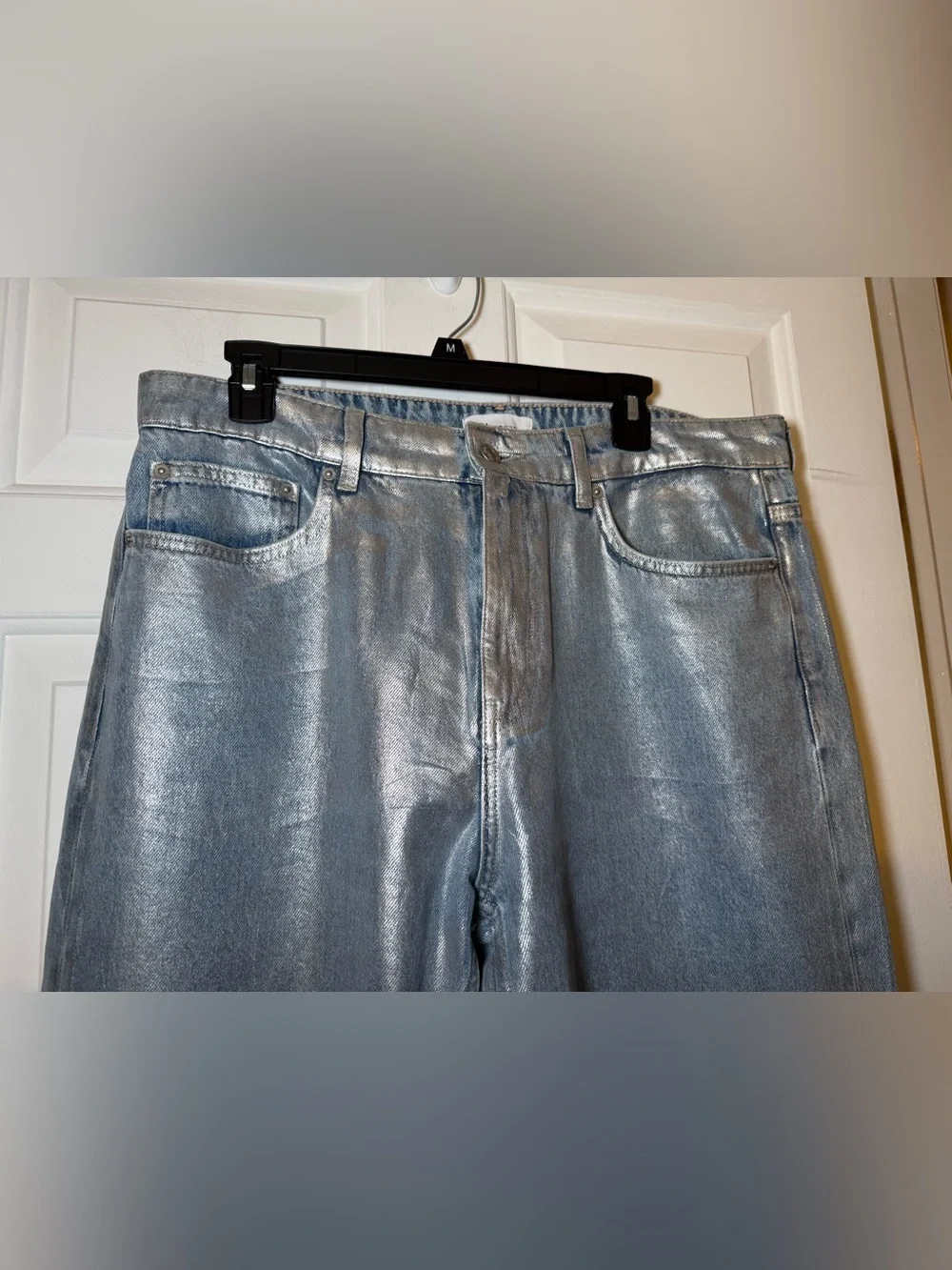 Zara | Jeans | Zara Silver Metallic Blue Denim Wide Leg Jeans Sz 2 High ...